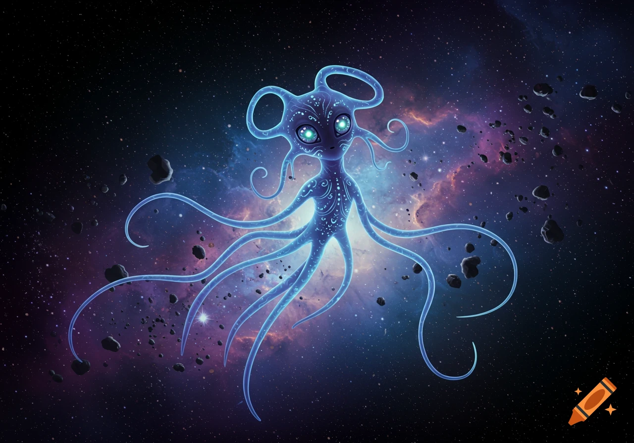 A colorful, horned monster creature with glowing eyes and dark ...