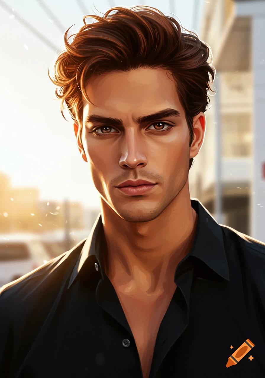 A handsome man with short dark brown hair, bright blue eyes, and battle ...