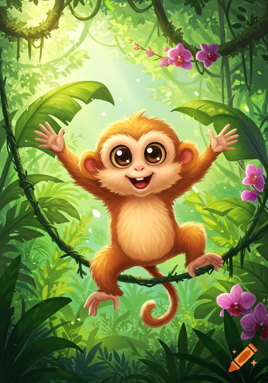 A cute pink cartoon monkey with big eyes hangs from a green vine in a ...