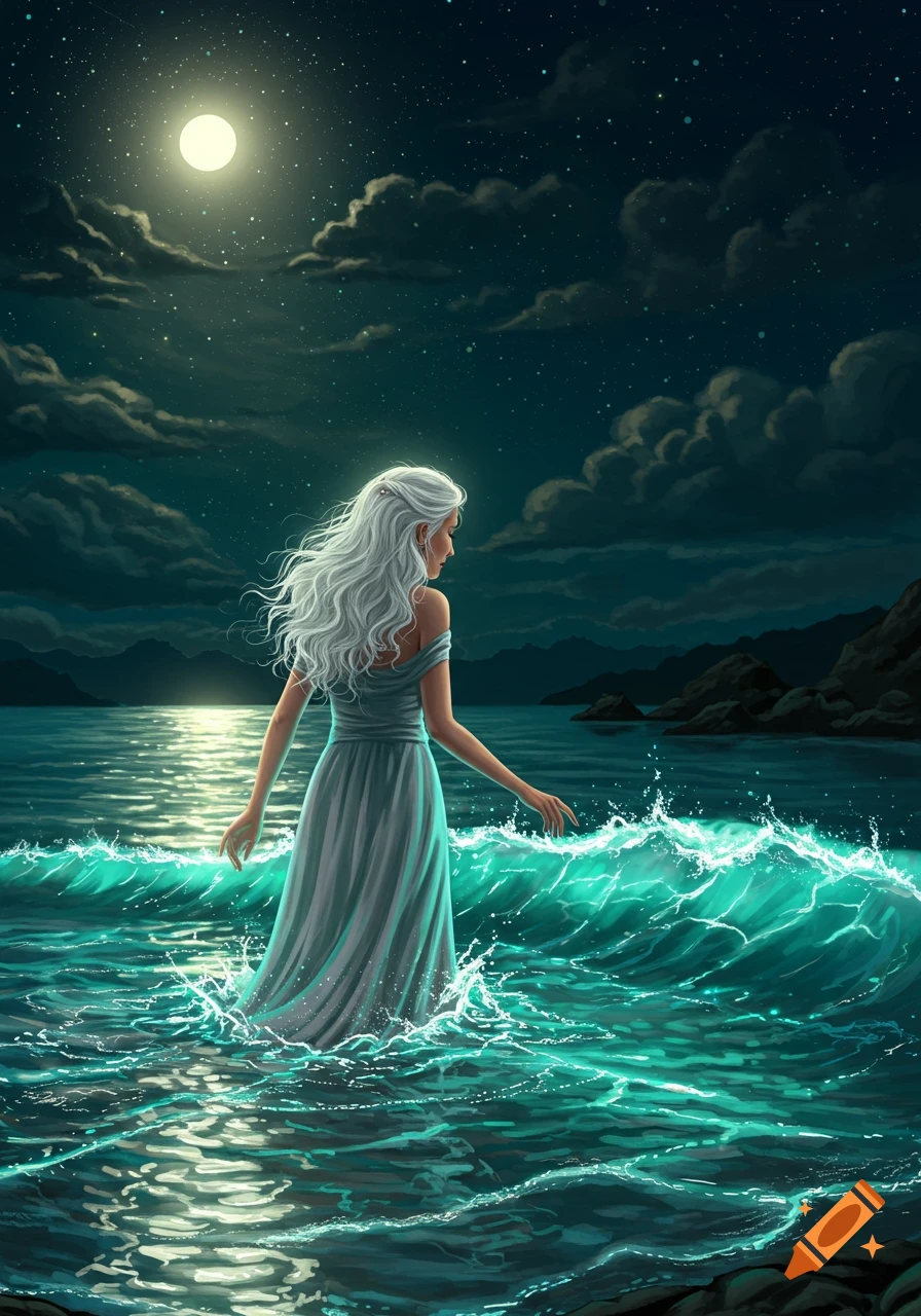 A woman with long white hair walks into a moonlit sea with glowing ...