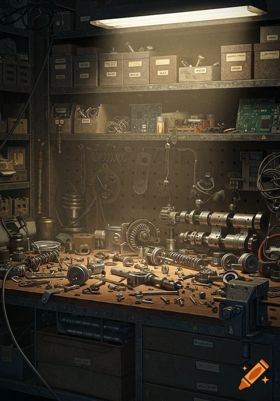 An illustration of a bustling repair cafe with a sign reading 'Caritas ...