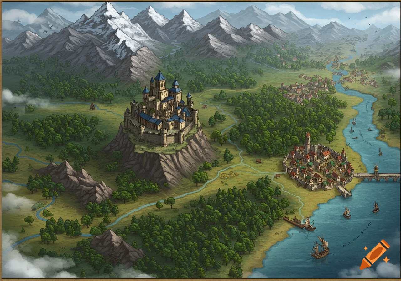 A detailed, top-down fantasy world map with snow-capped mountains ...