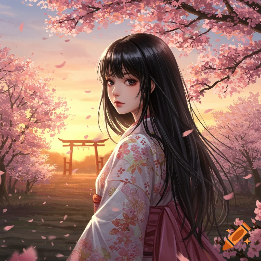 Anime girl in a white kimono with floral patterns, standing amidst a ...