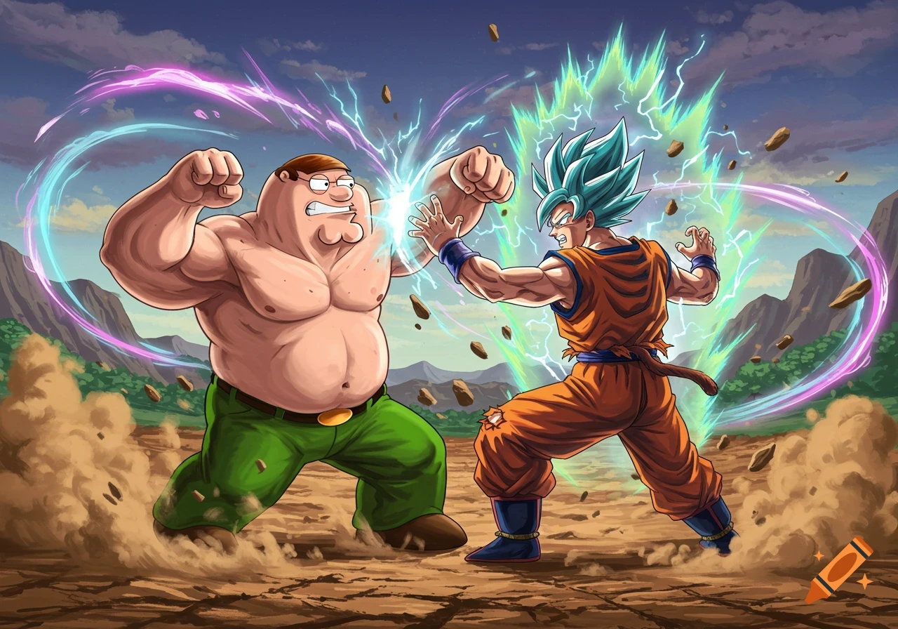 Saitama and Super Saiyan Goku face off amidst energy blasts and debris ...