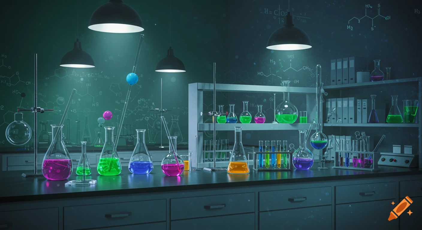 A realistic illustration of a teenage student in a lab coat and safety ...