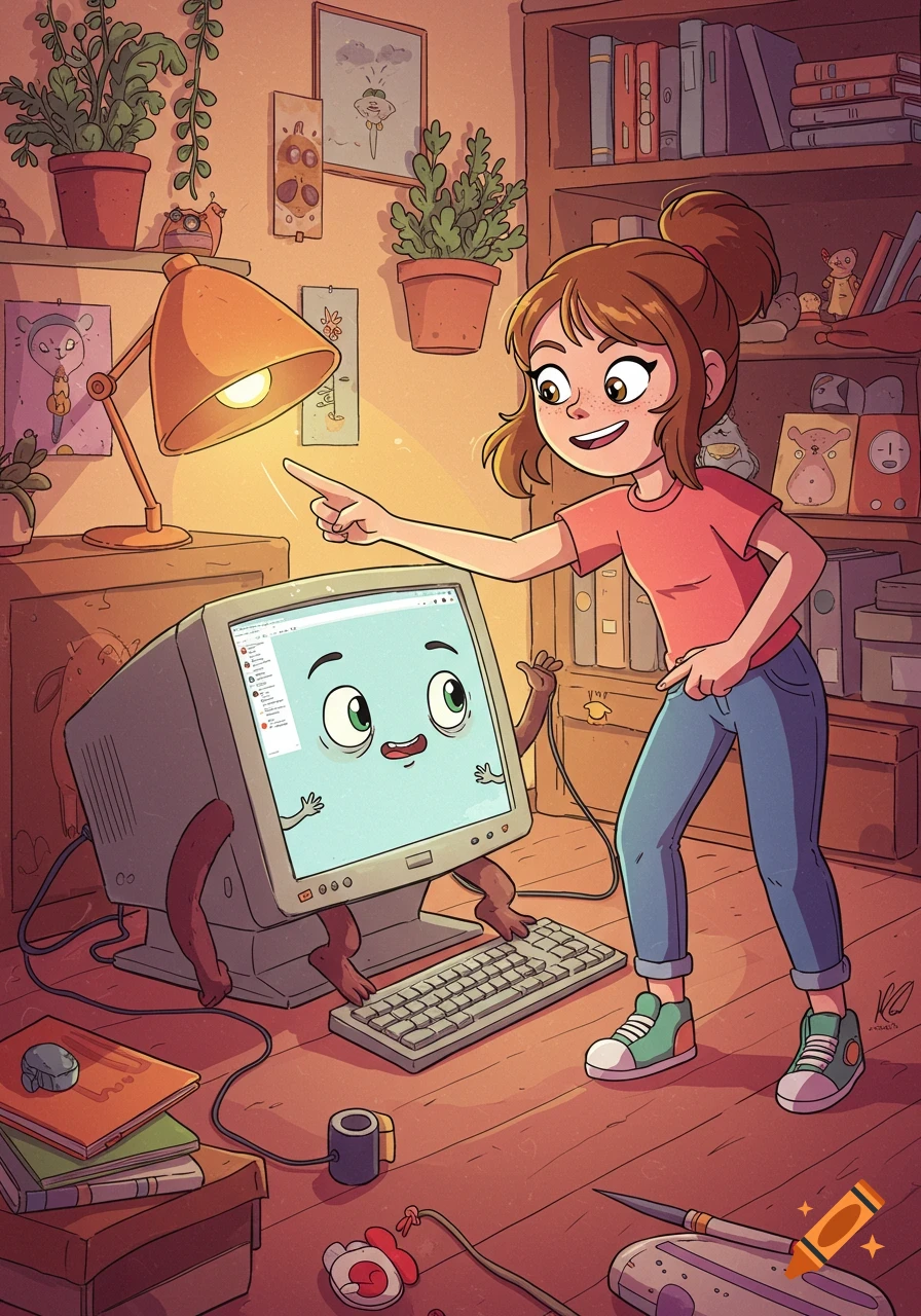 A cartoon man with a bun and glasses works at a cluttered desk with ...