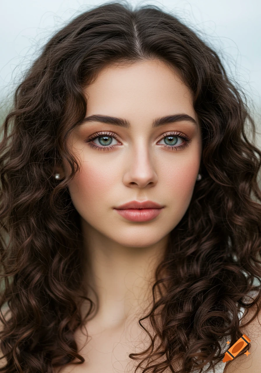 Close-up photorealistic portrait of a young woman with long wavy brown ...