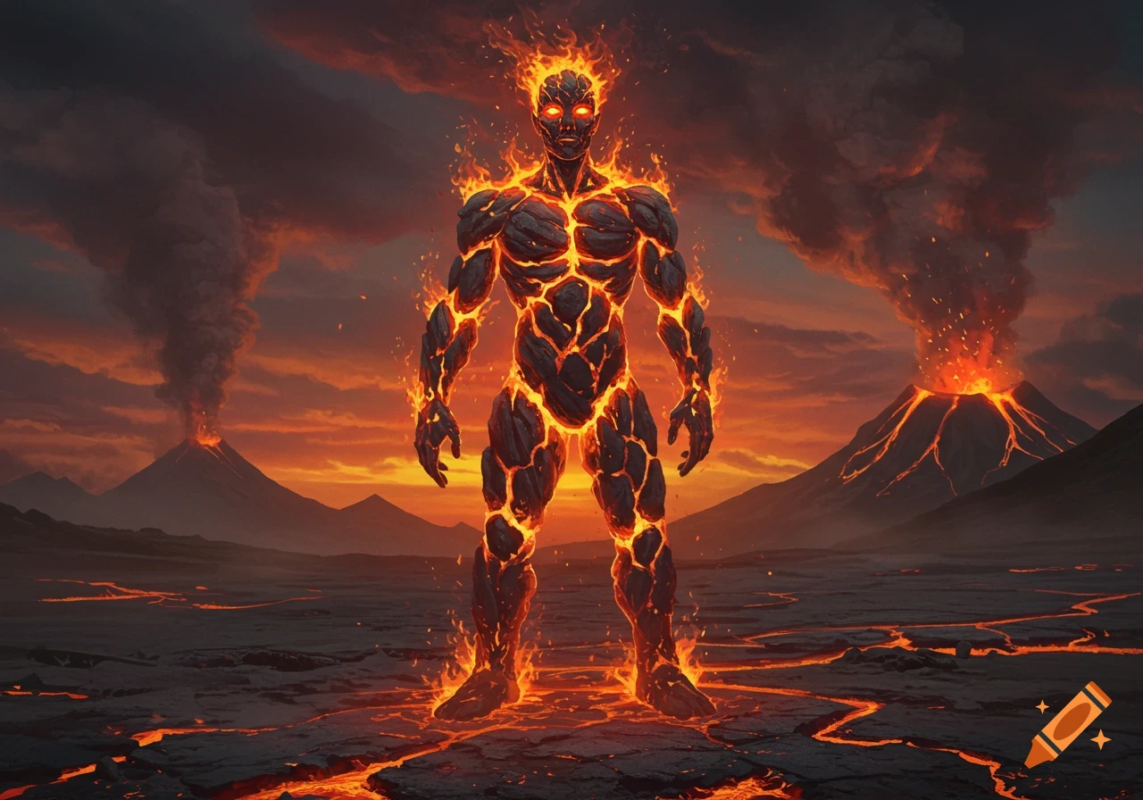 A bald Black child in a wheelchair floats above an erupting volcano ...