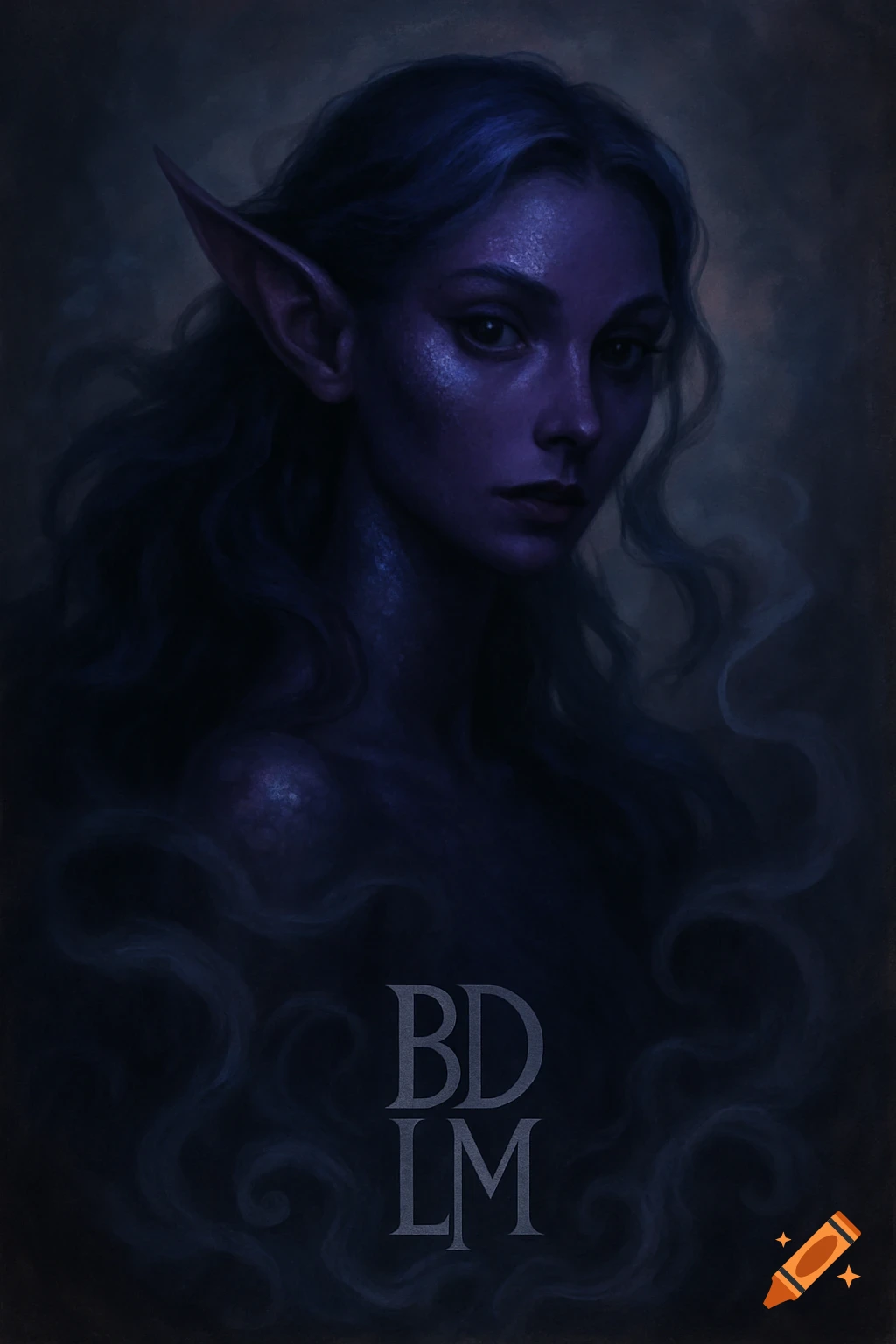 A dark concept art portrait of a purple-skinned female cryptid with ...