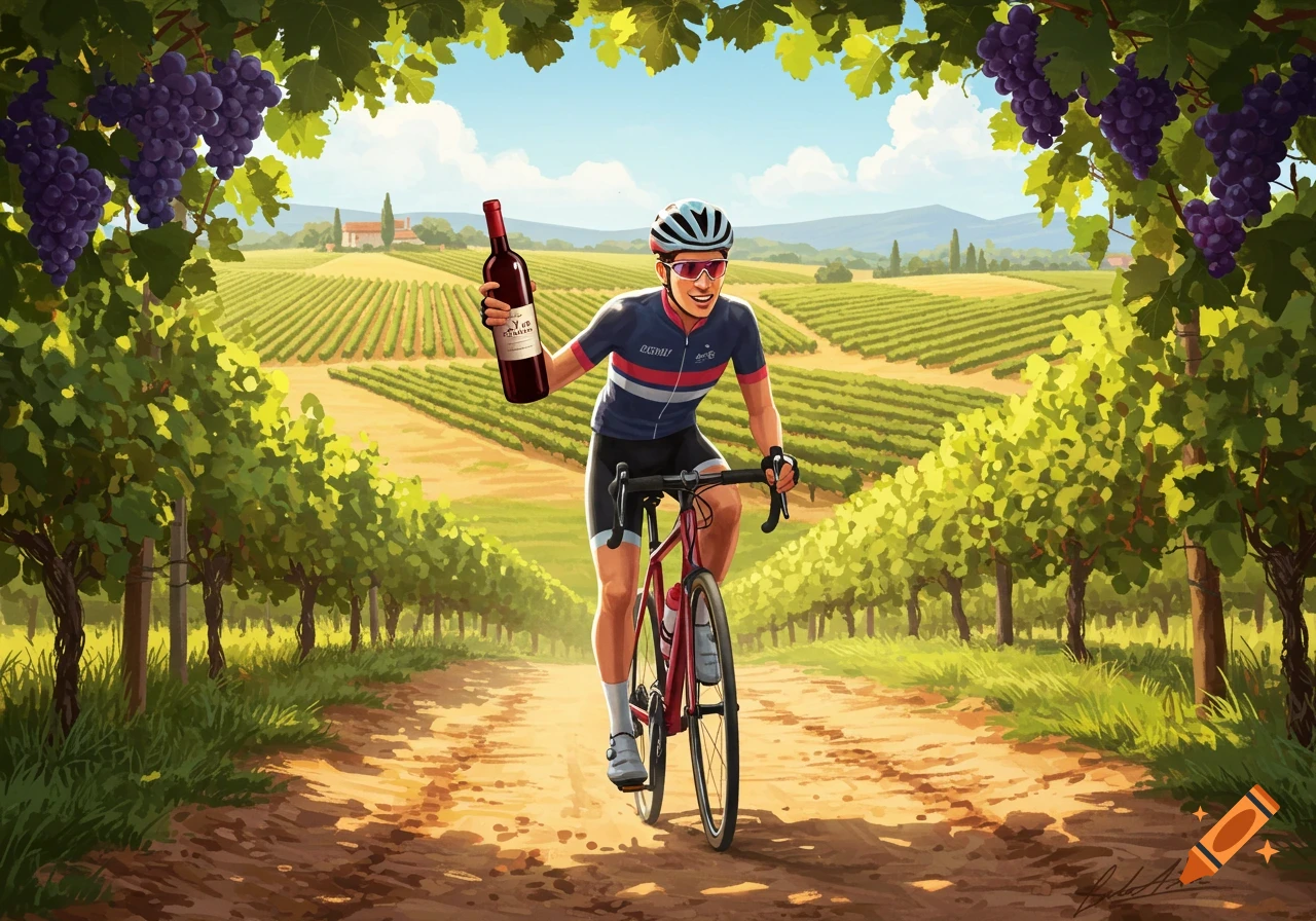 Two people walk down a dirt path through a vibrant vineyard at sunset ...