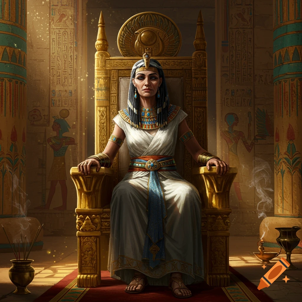 A regal woman resembling Cleopatra sits on a golden throne in an ornate ...