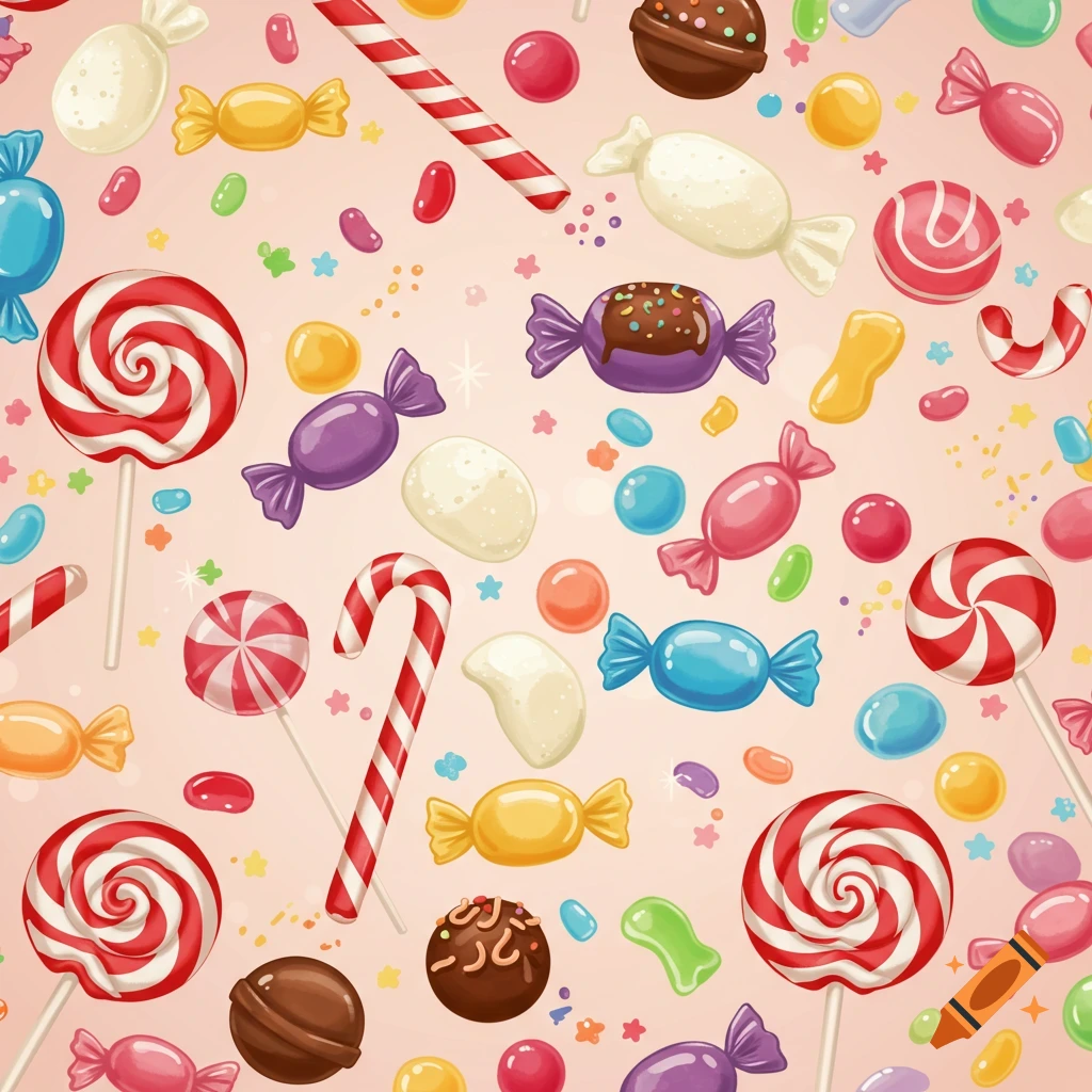 A vibrant, overhead shot of a large pile of assorted colorful candies ...