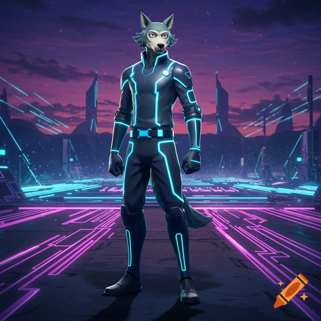 Anthropomorphic wolf in a black sci-fi suit with glowing blue lines ...