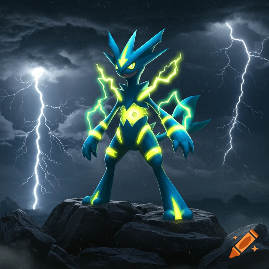 A yellow and black electric monster with glowing blue markings and ...