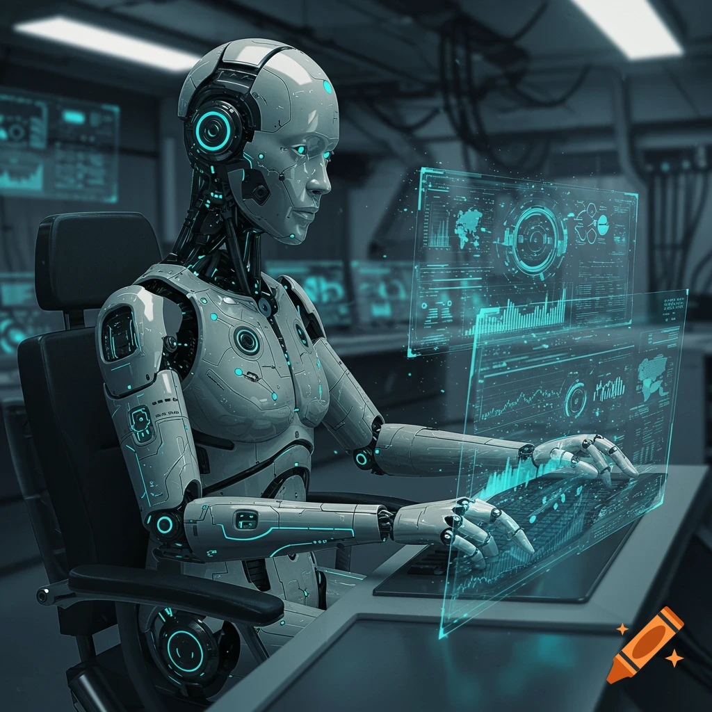 A silver and black AI robot interacts with multiple glowing blue holographic screens in a ...