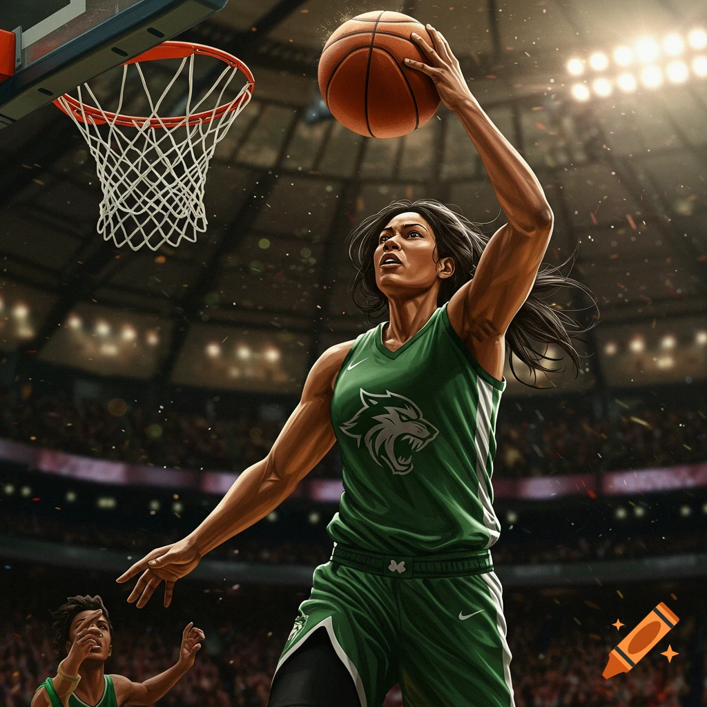 Young boy with Down Syndrome dunks a basketball during a game. on Craiyon