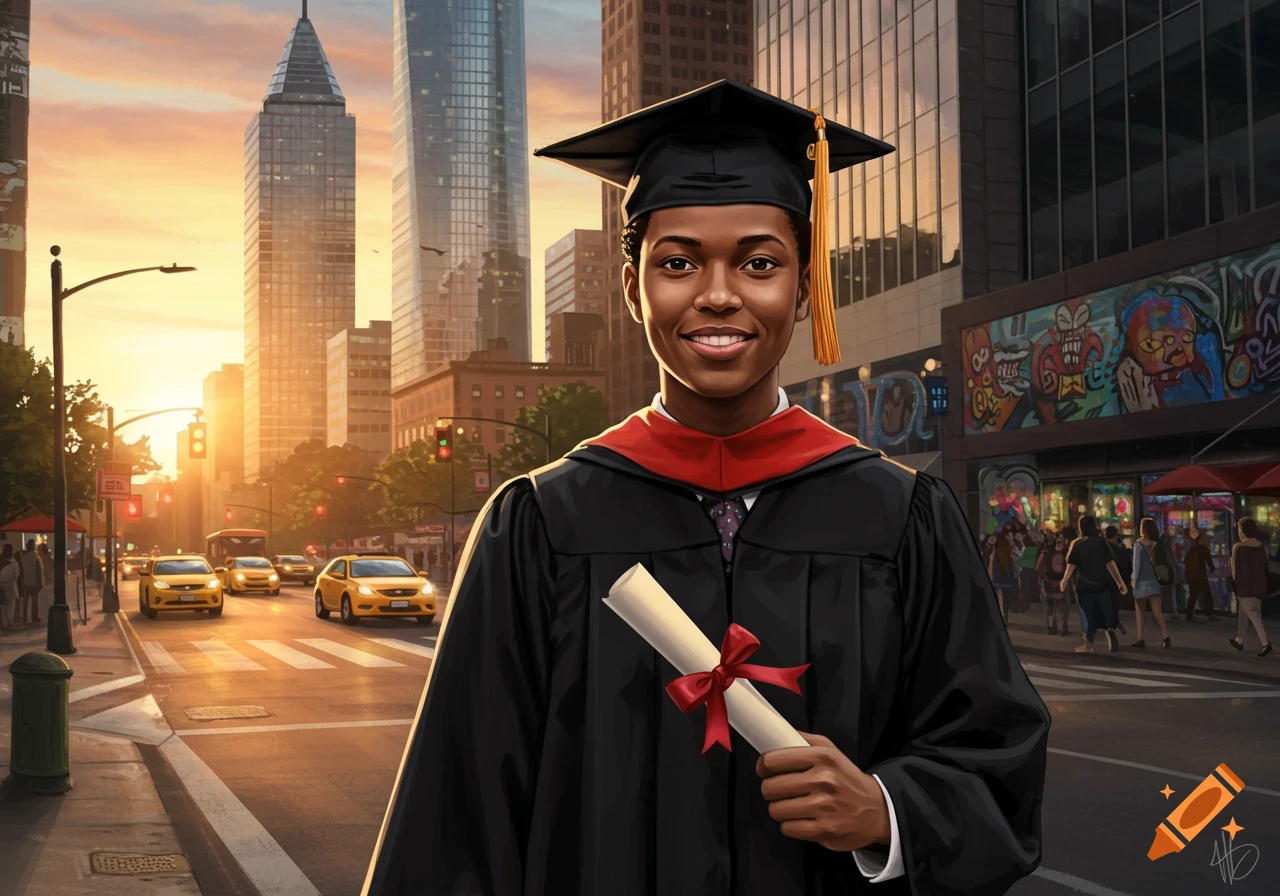 A smiling college graduate in a black cap and gown holds a diploma in a ...