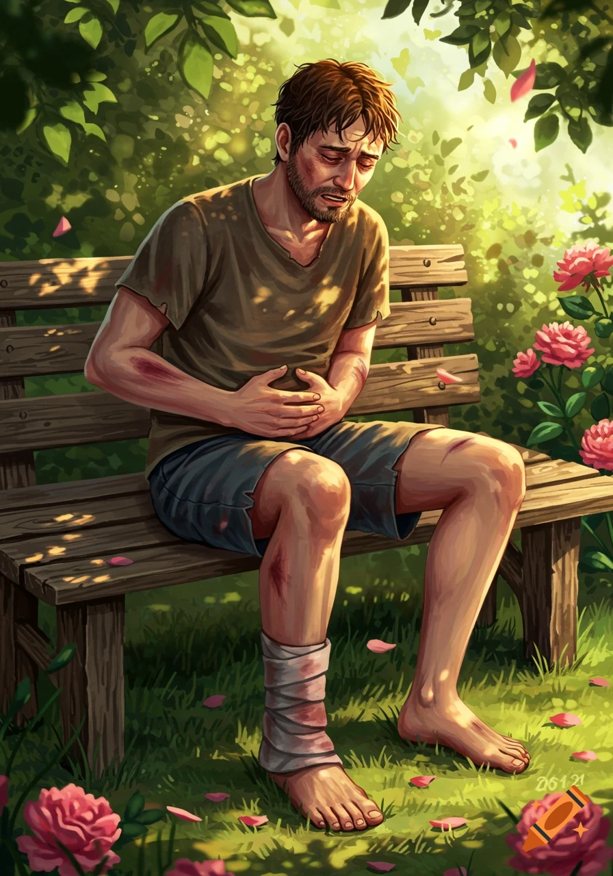 A distressed man with a sprained ankle, bruises, and a stomachache sits ...