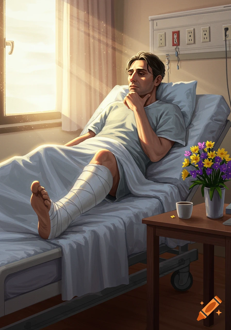 Illustration of three men sleeping in hospital beds at night, with ...