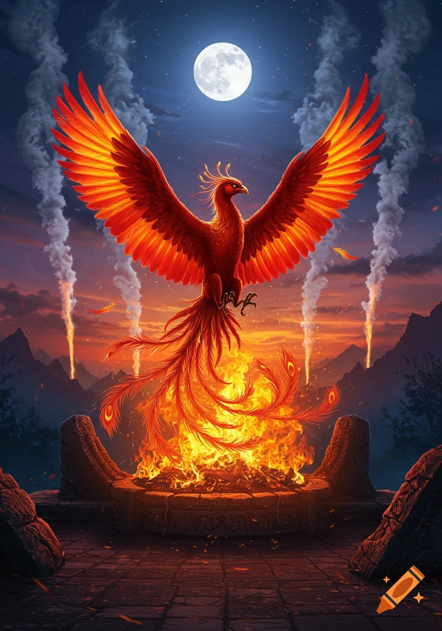 A majestic red and orange phoenix with spread wings rises from a ...