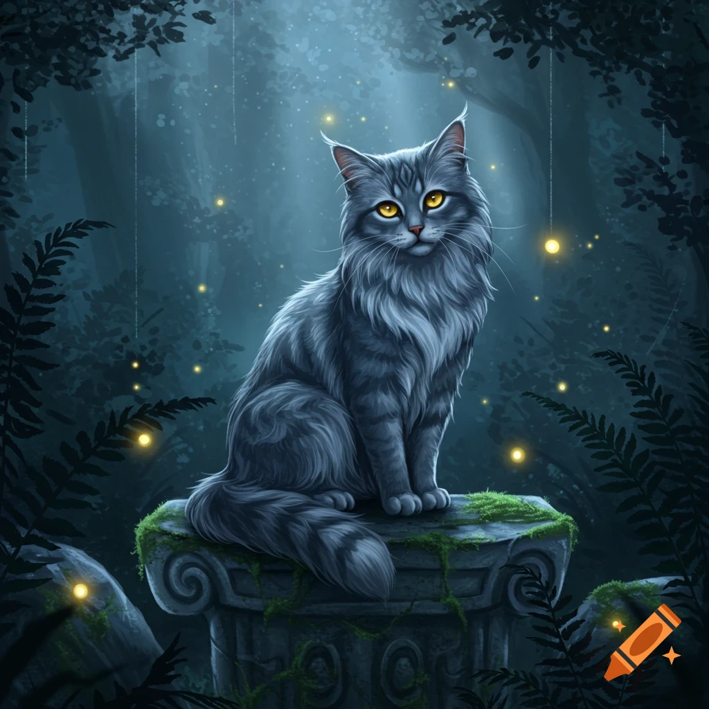 White cat with glowing blue eyes sits on a stone pedestal in a dark ...