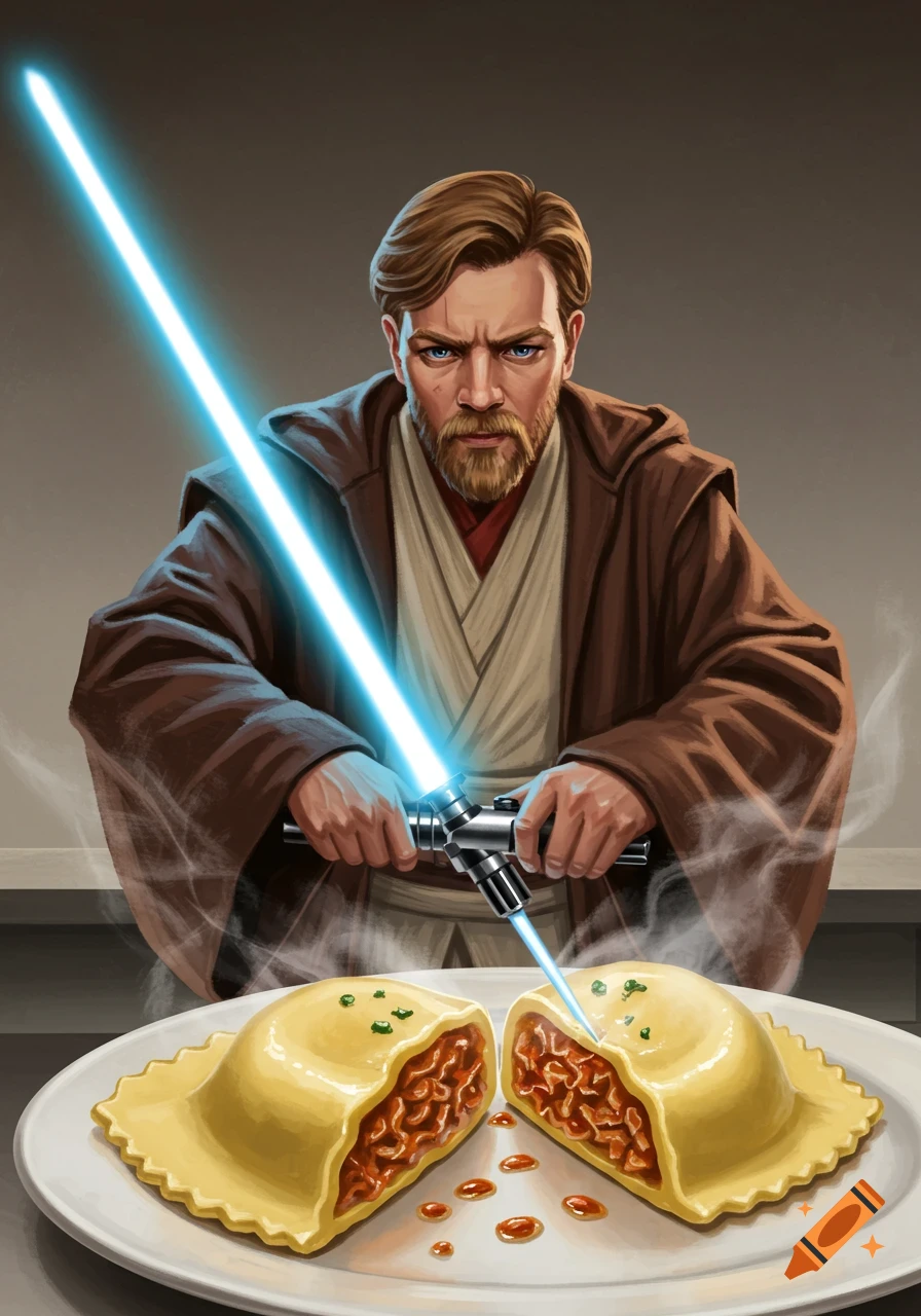Obi-Wan Kenobi intently cuts a steaming ravioli in half with a blue ...