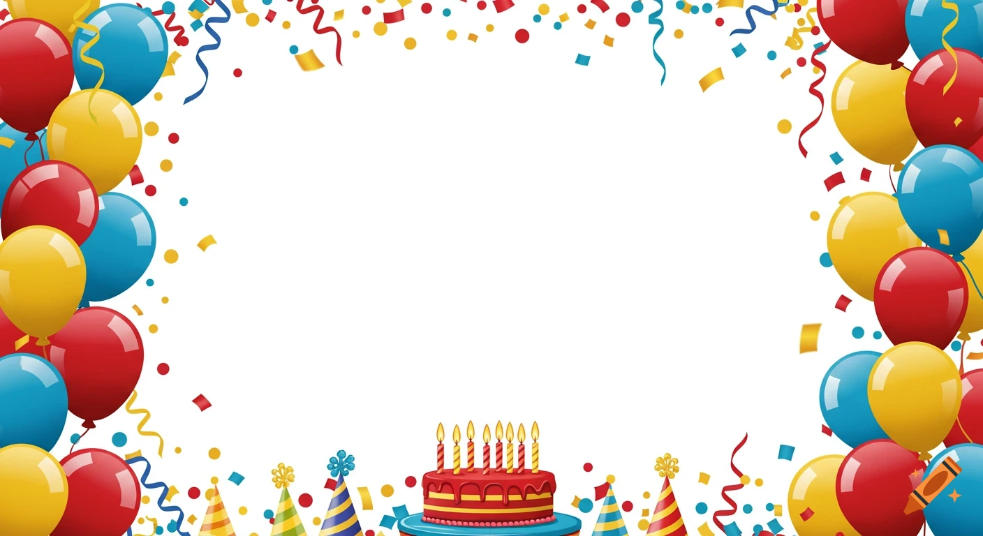 Colorful birthday frame with red, yellow, blue balloons, confetti ...
