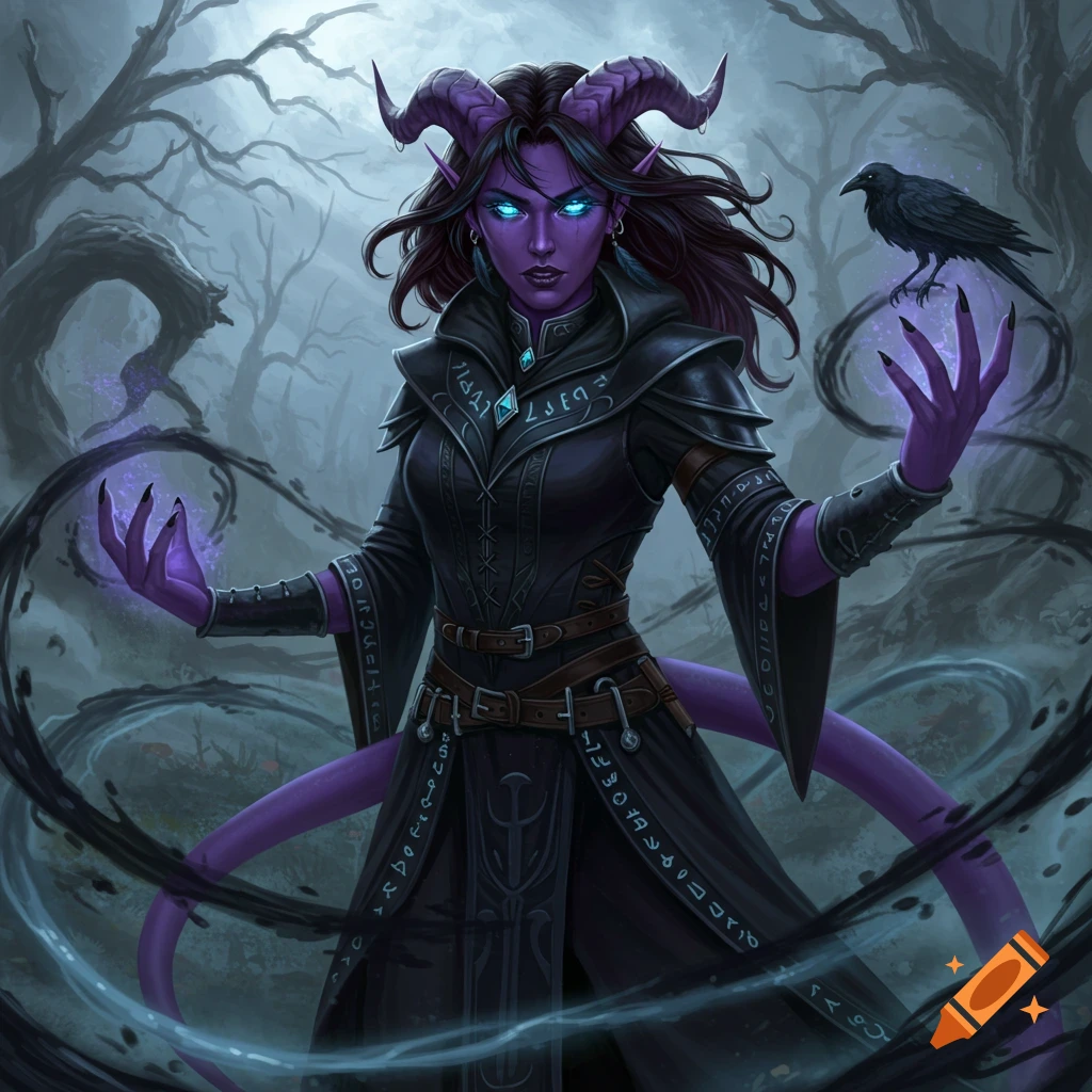 Red-skinned tiefling fighter in dark armor with horns, tail, sword, and shield, casting glowing ...