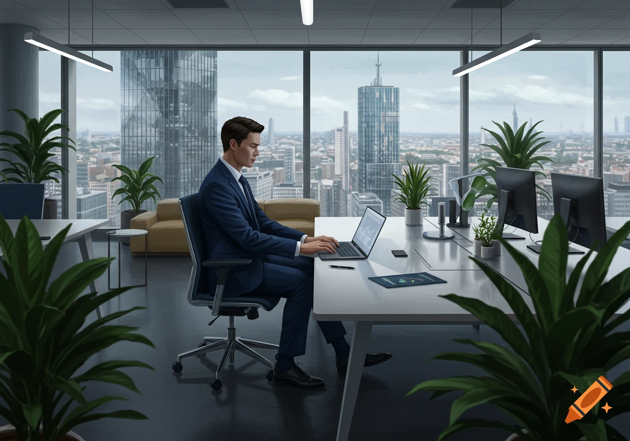 Two men in suits conducting an interview at a glass desk in a modern ...
