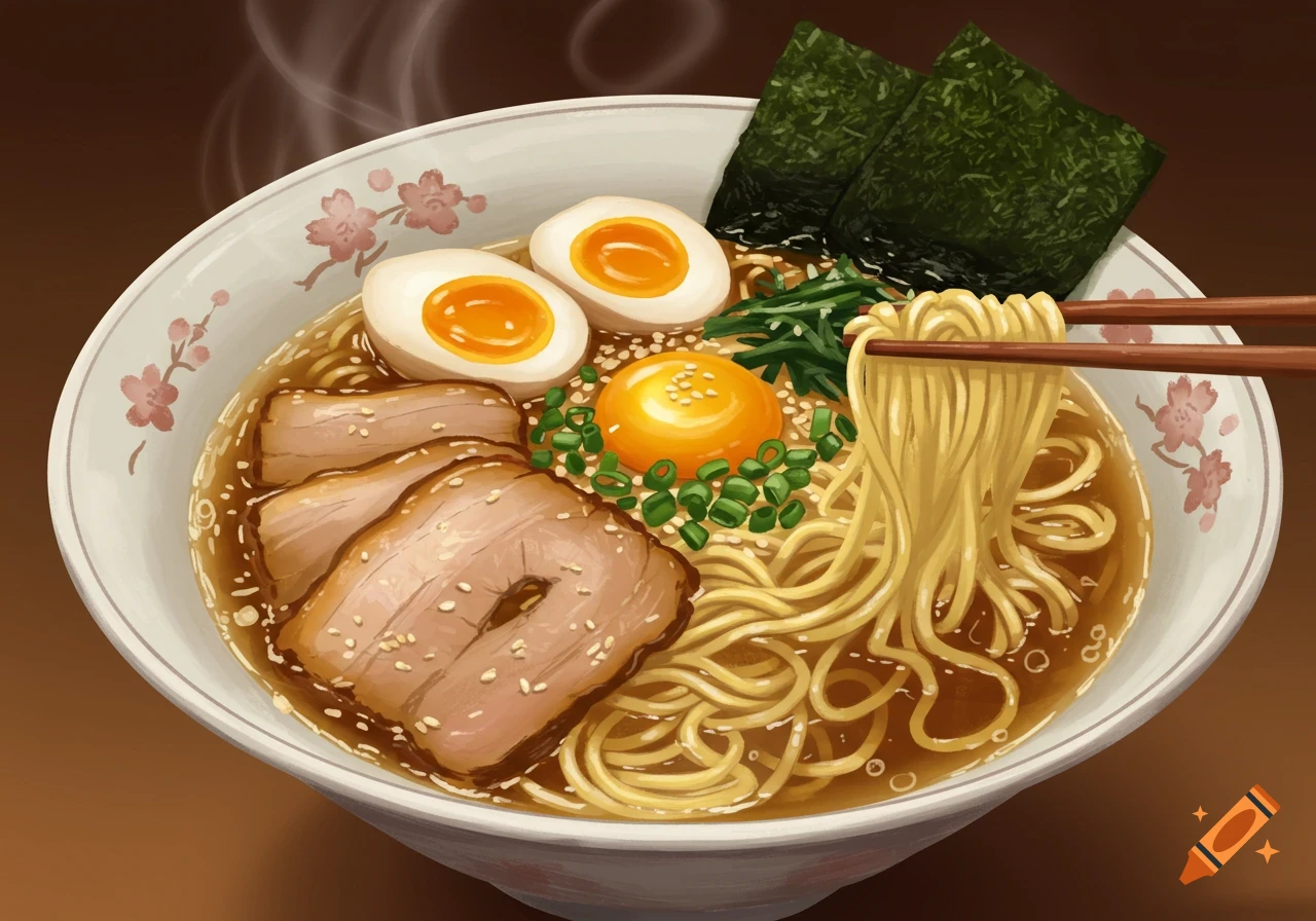 A cute, smiling cartoon ramen bowl character holds chopsticks filled ...