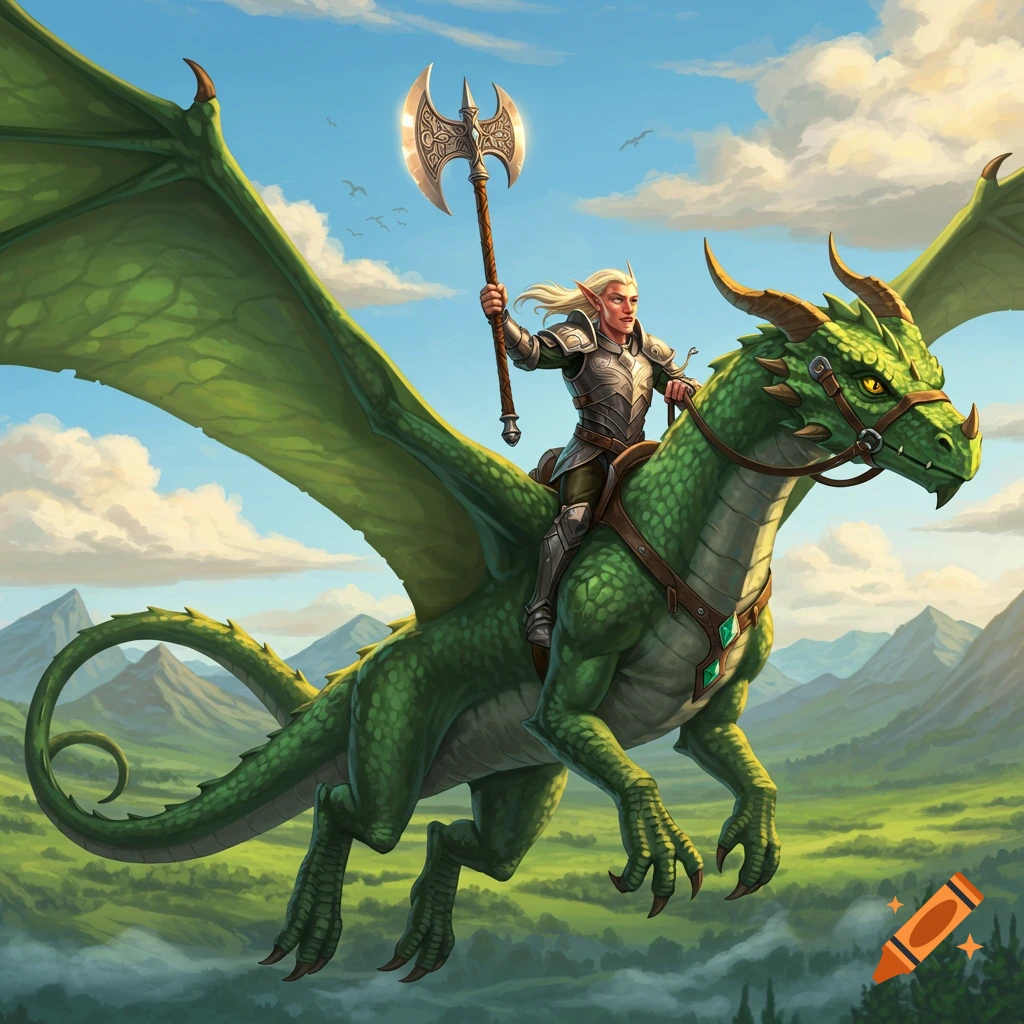 Elf warrior in armor with an axe rides a green dragon flying over ...