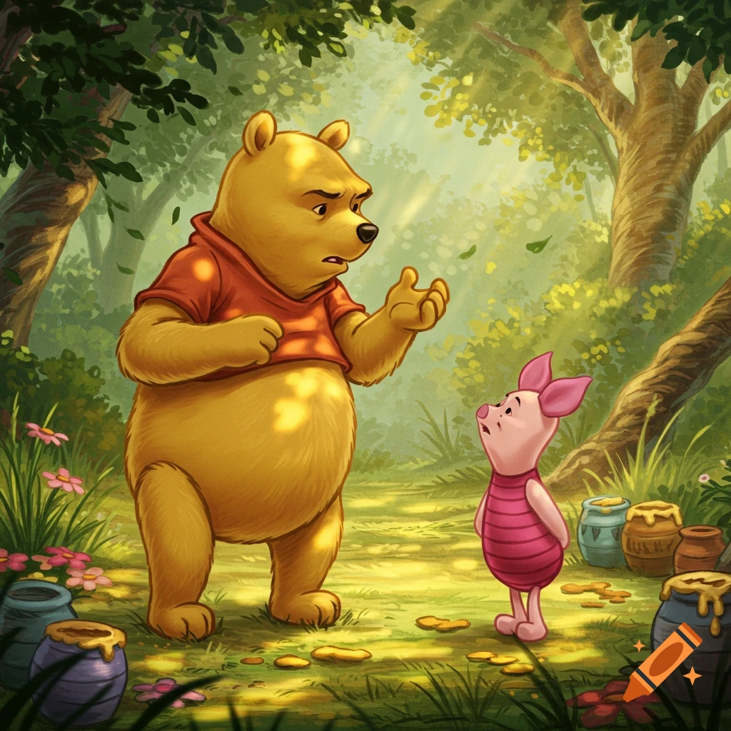 Winnie the Pooh, Tigger, and Piglet in suits stand in a vibrant meadow ...