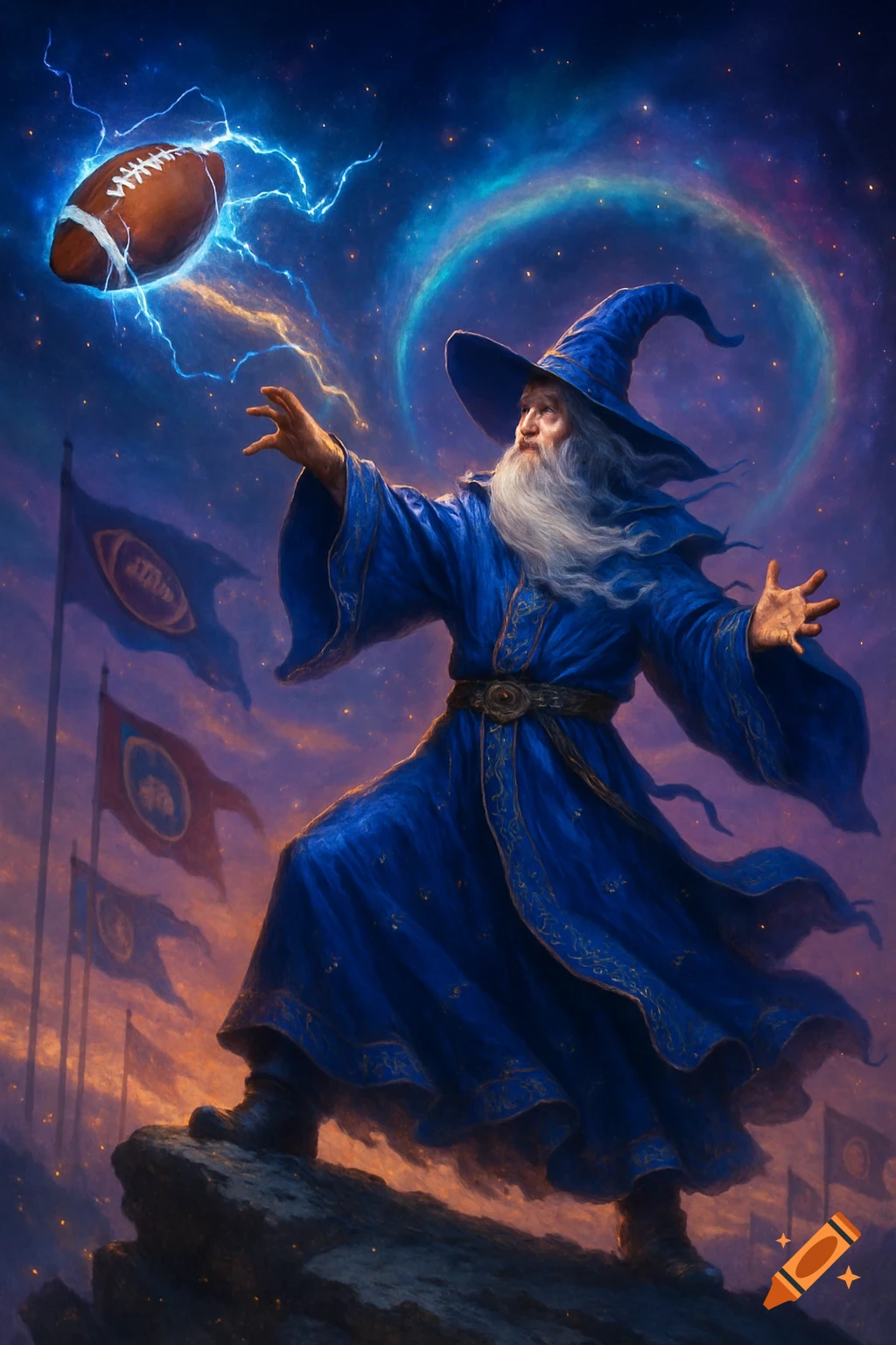 Two bearded wizards in robes and pointy hats magically conjuring ...