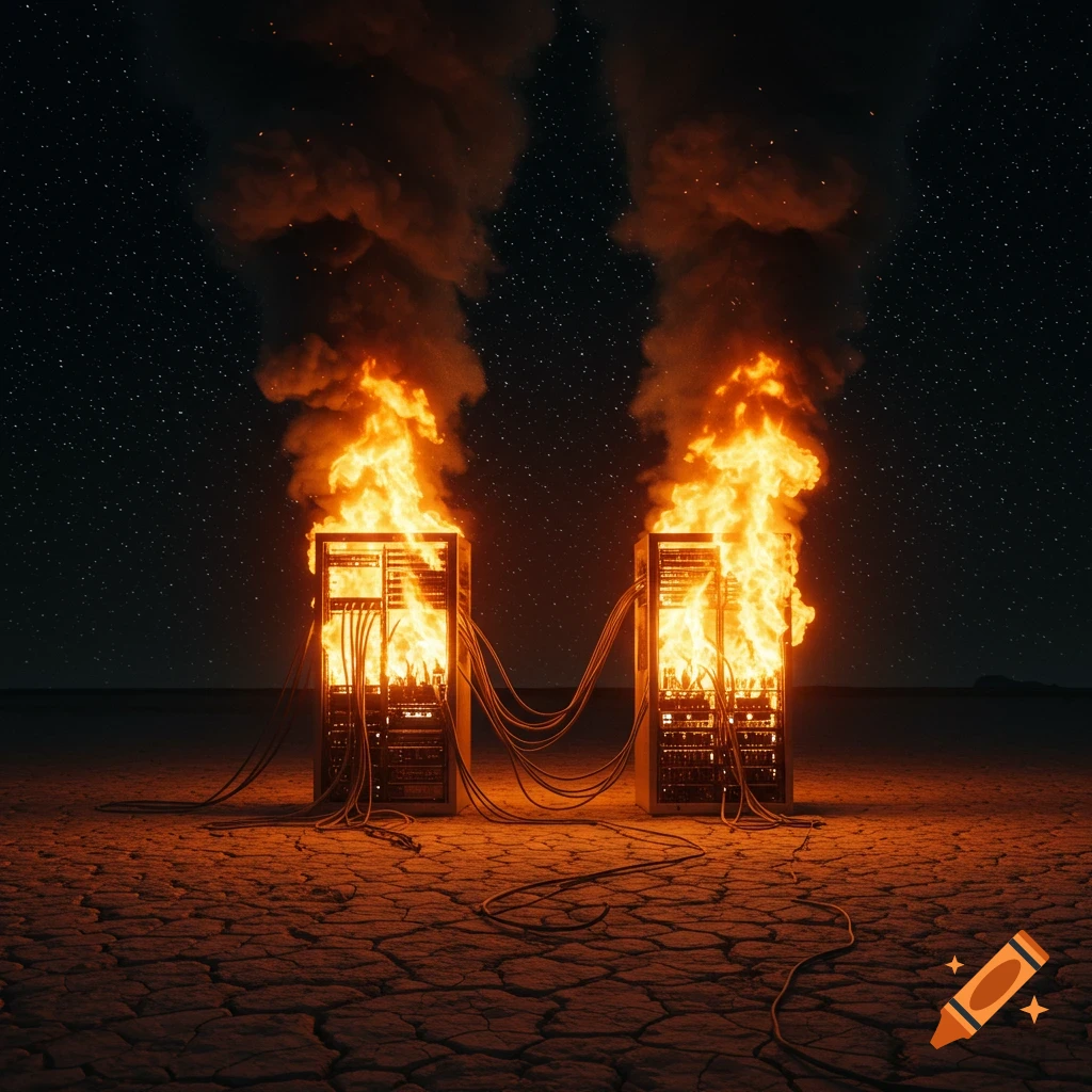 Two burning server racks stand connected by cables in a cracked desert ...