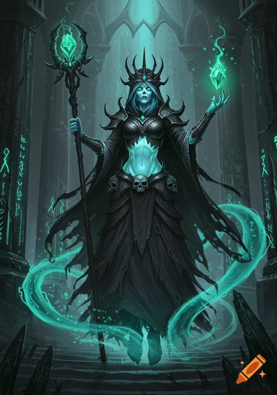 Dark fantasy illustration of a lich queen in a crown and armor, holding a staff and magic orb in ...