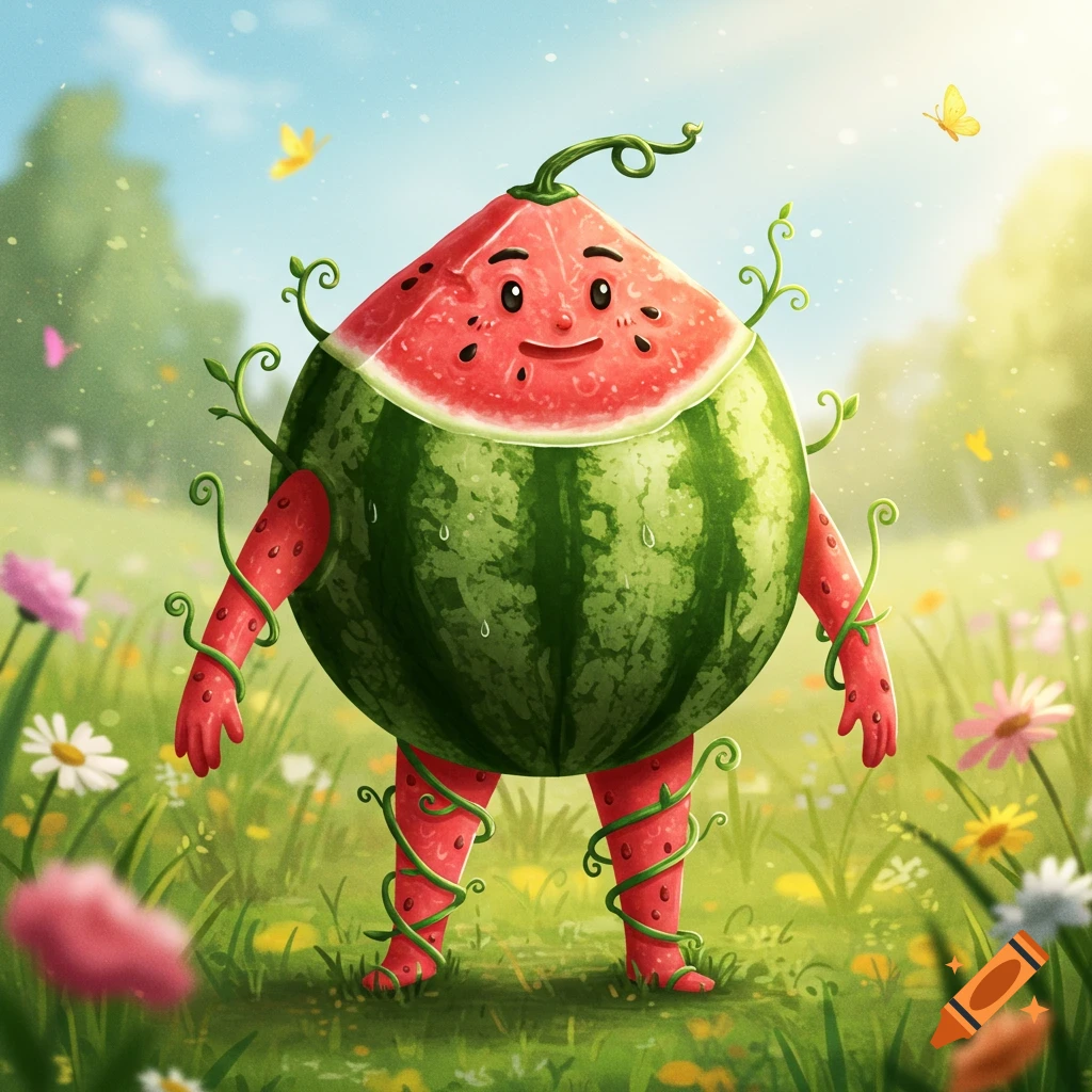 Happy cartoon watermelon creature with arms and legs, covered in vines, stands in a sunny ...