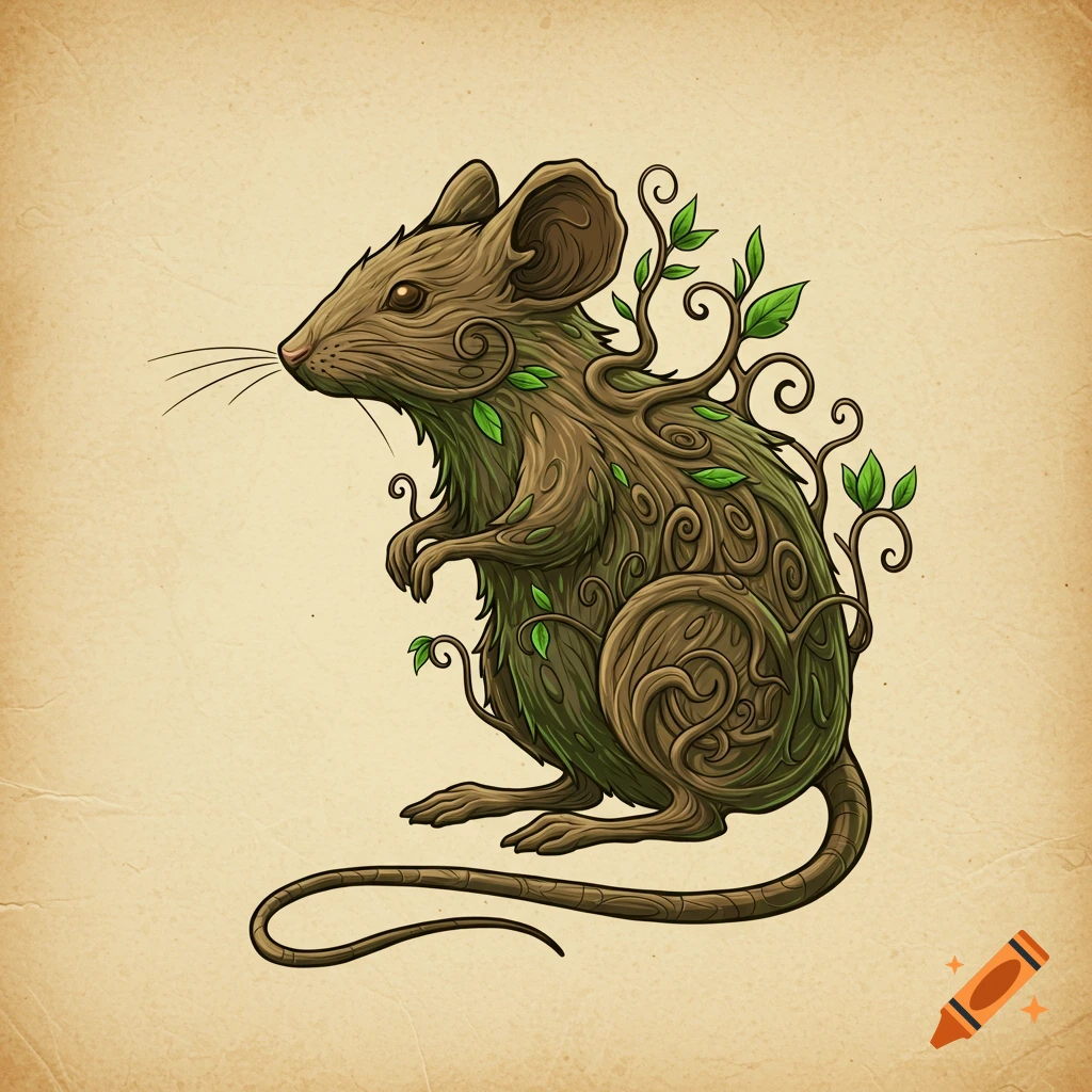 Stylized circular emblem featuring two mirrored beige mice with bold ...