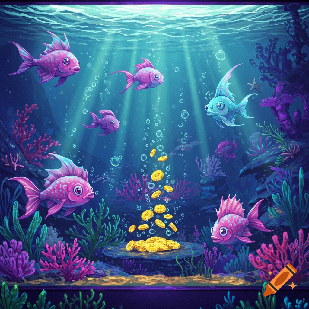 A cute, colorful cartoon mermaid creature with scales and fins floats ...
