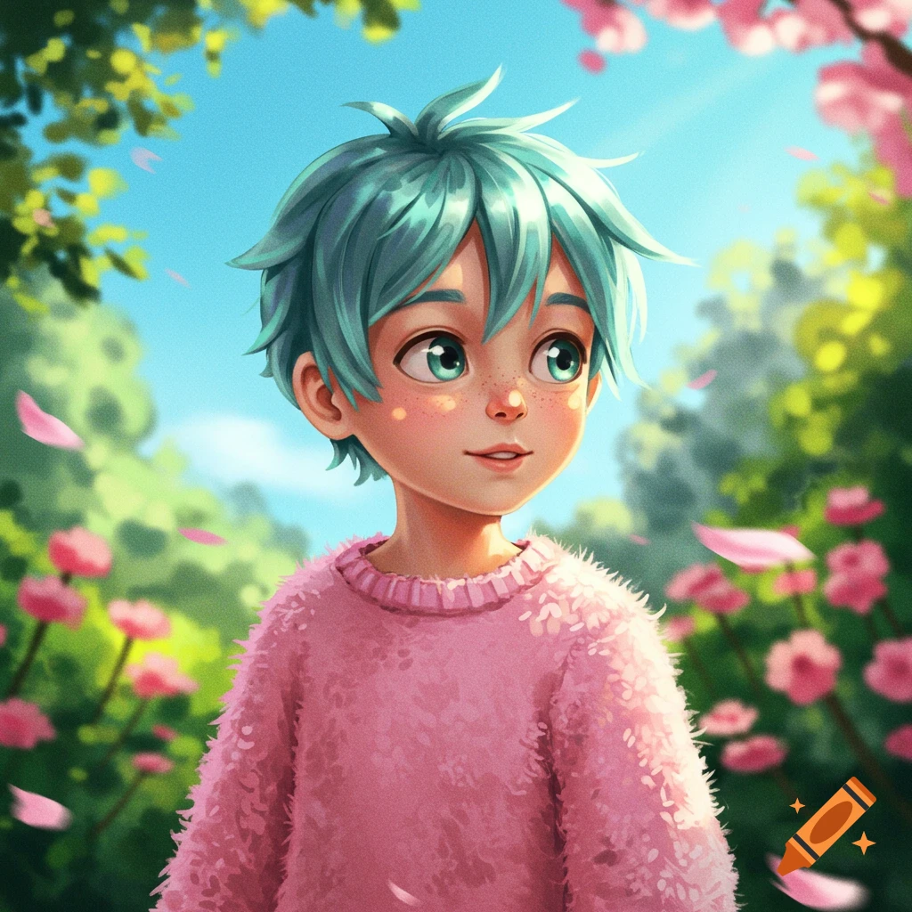 A mint-haired anime boy in a pink sweater stands smiling in a sunny ...