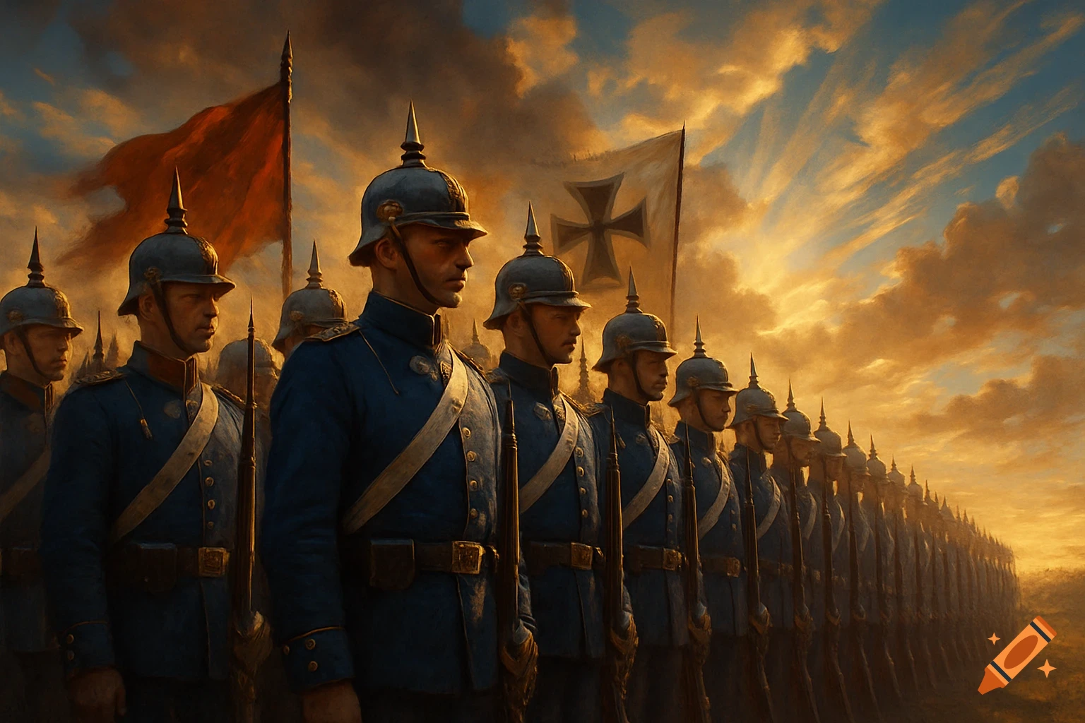 Union cavalry soldiers on horseback charge across a smoky battlefield ...