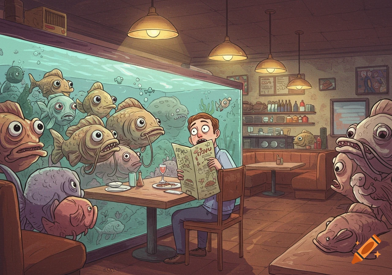 Cartoon of an underwater bar scene with an octopus bartender serving a ...