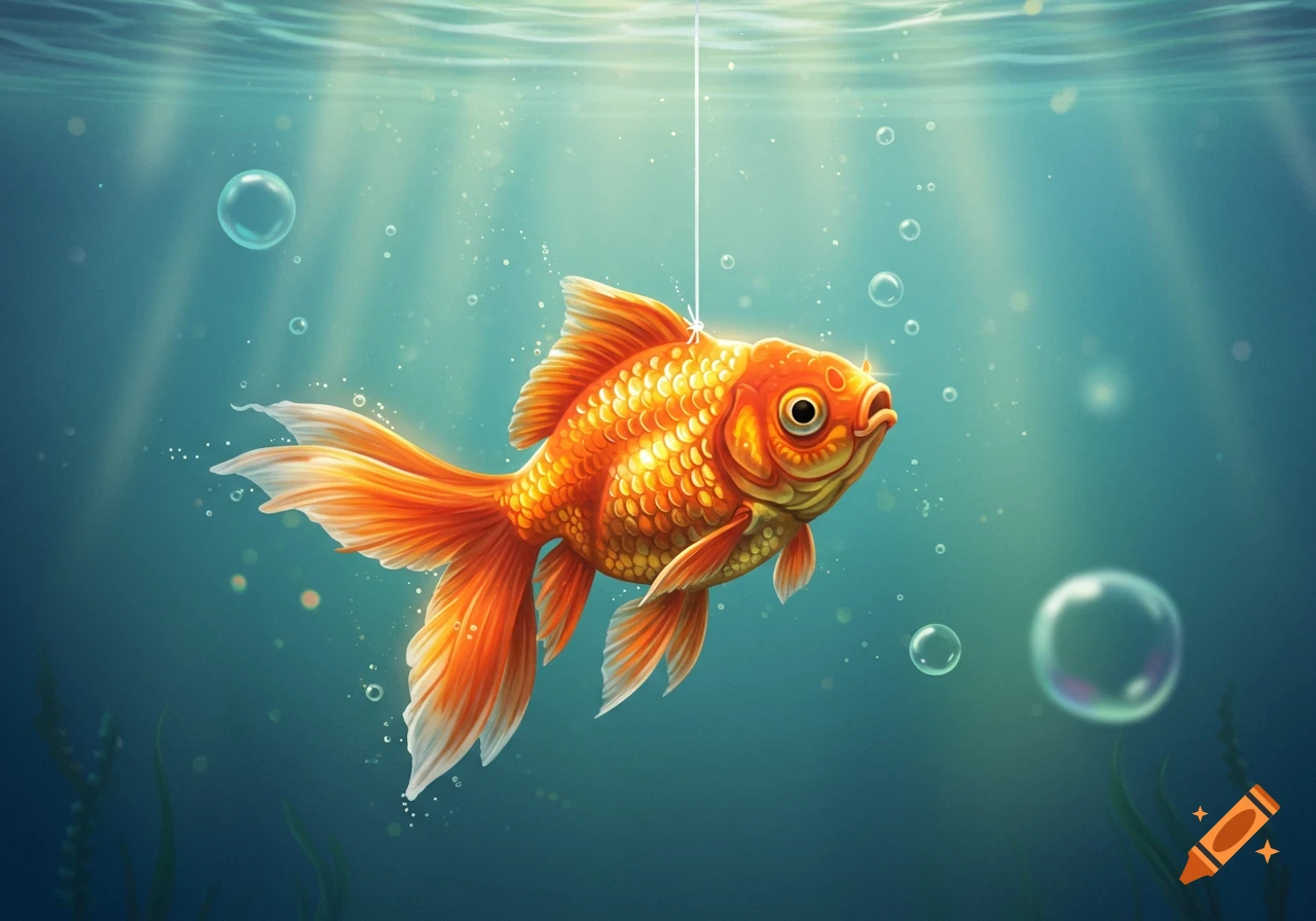 An orange goldfish with white fins is suspended by a thin white line in ...