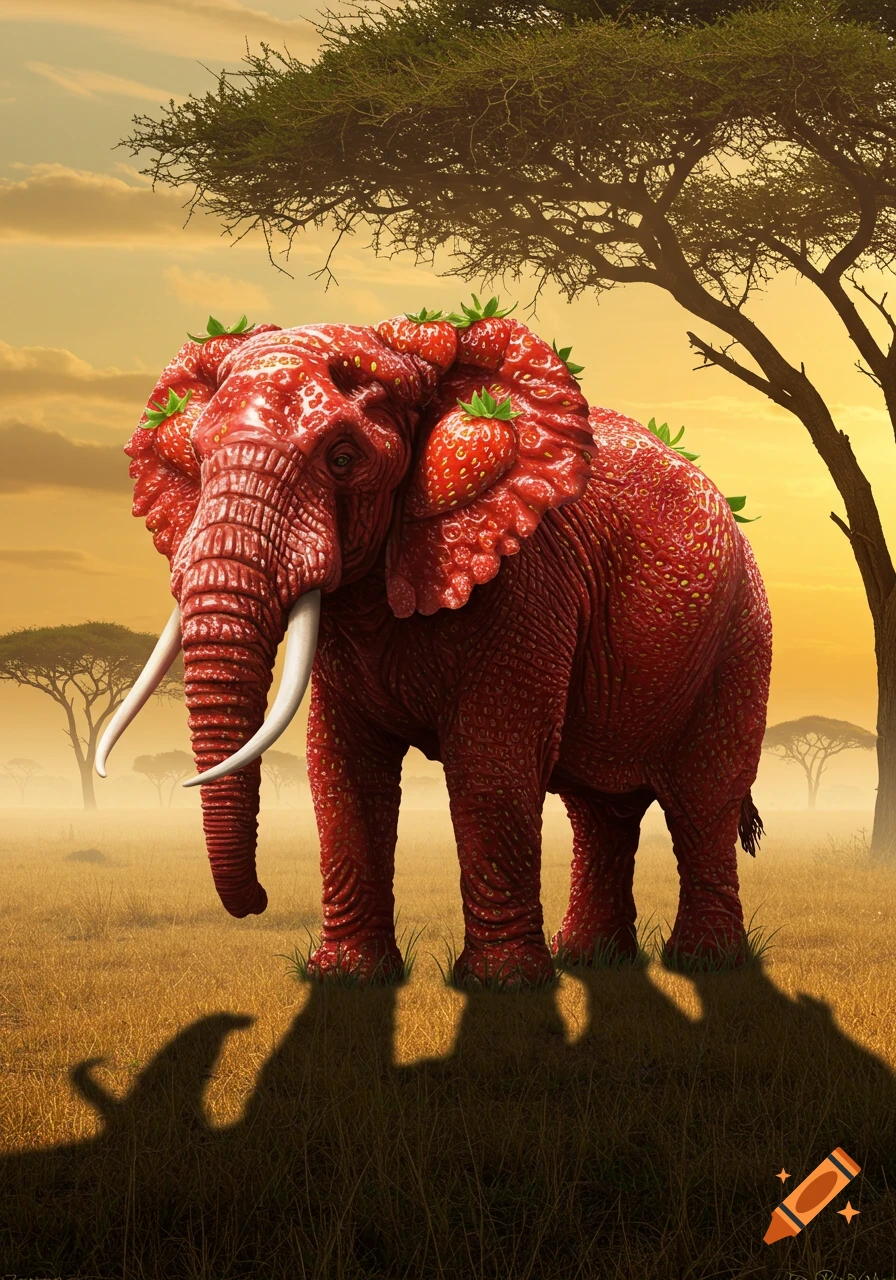 A vibrant red elephant, covered in strawberries, stands in a savanna ...