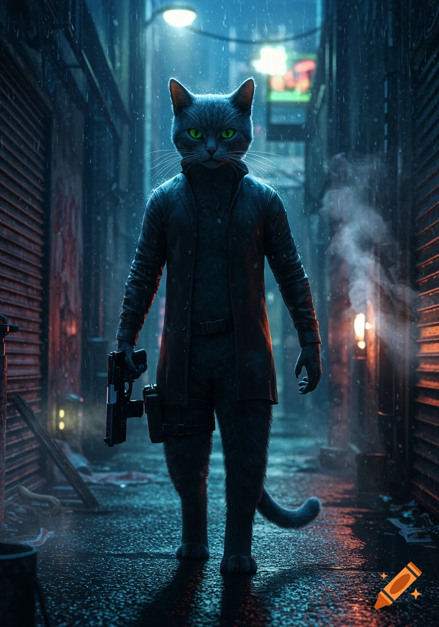 A photorealistic anthropomorphic cat in a black coat stands in a rainy ...