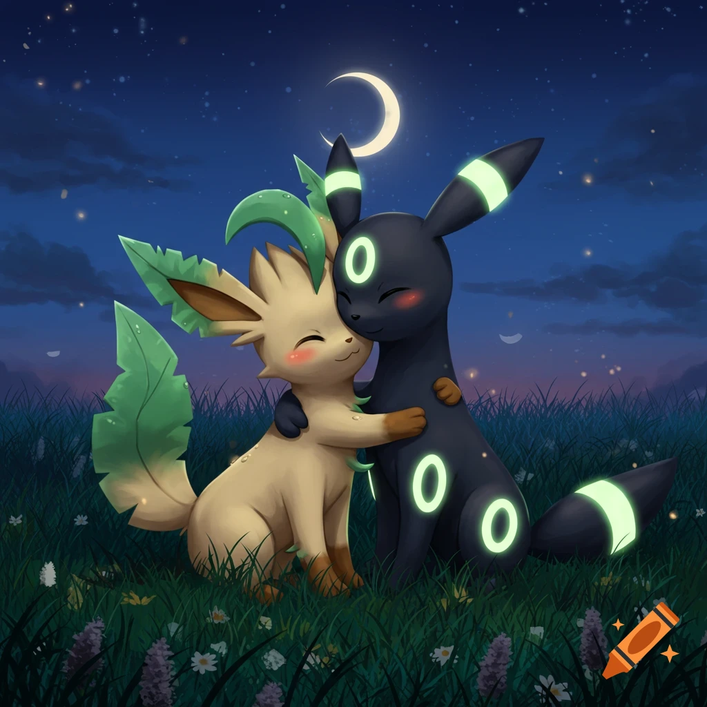 Leafeon and Umbreon, two Pokemon, hug affectionately in a moonlit ...