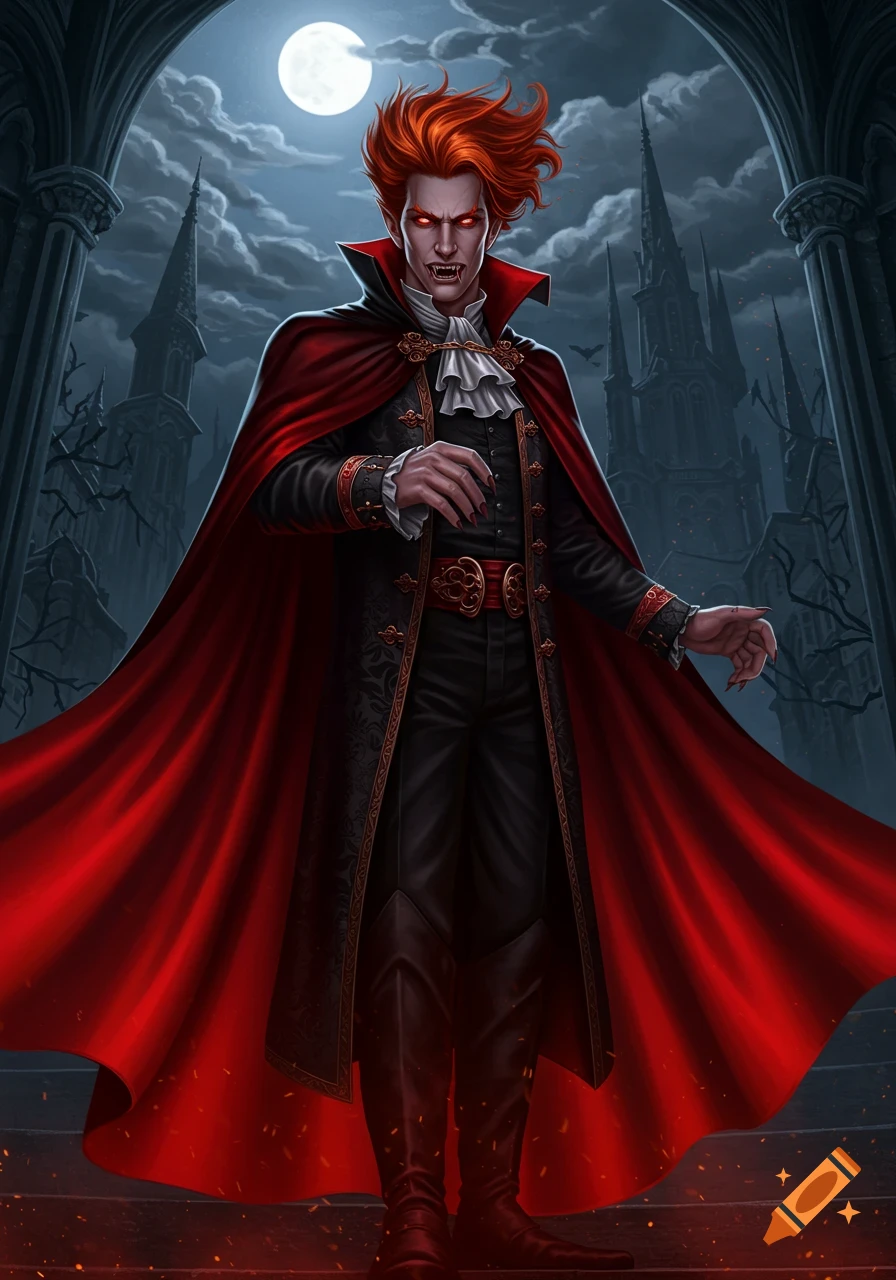 A male vampire with spiky orange hair, red glowing eyes, fangs, wearing ...