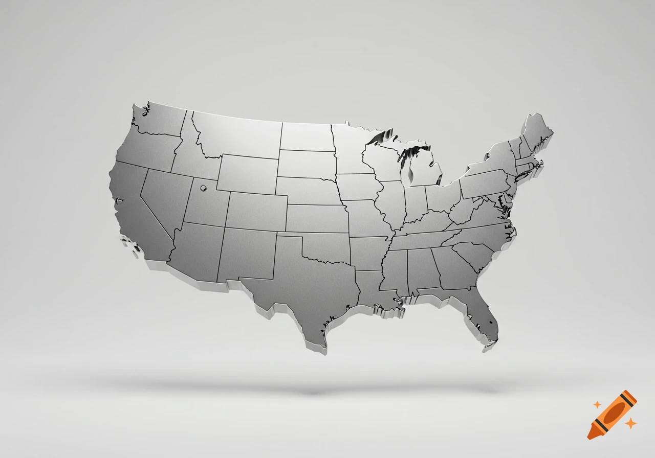 A 3D metallic rendering of the contiguous United States map, showing ...