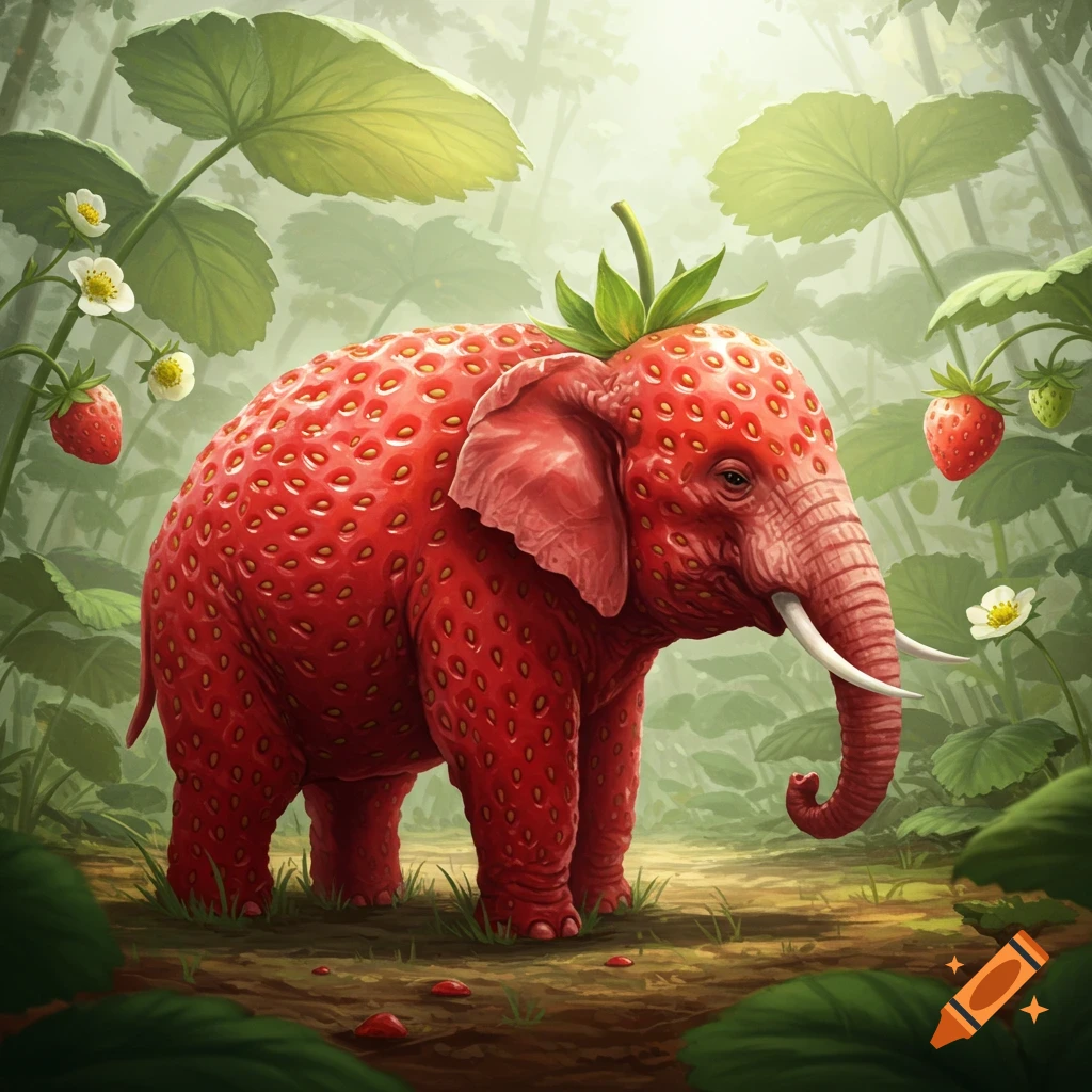 A whimsical red elephant with strawberry-patterned skin and green ...