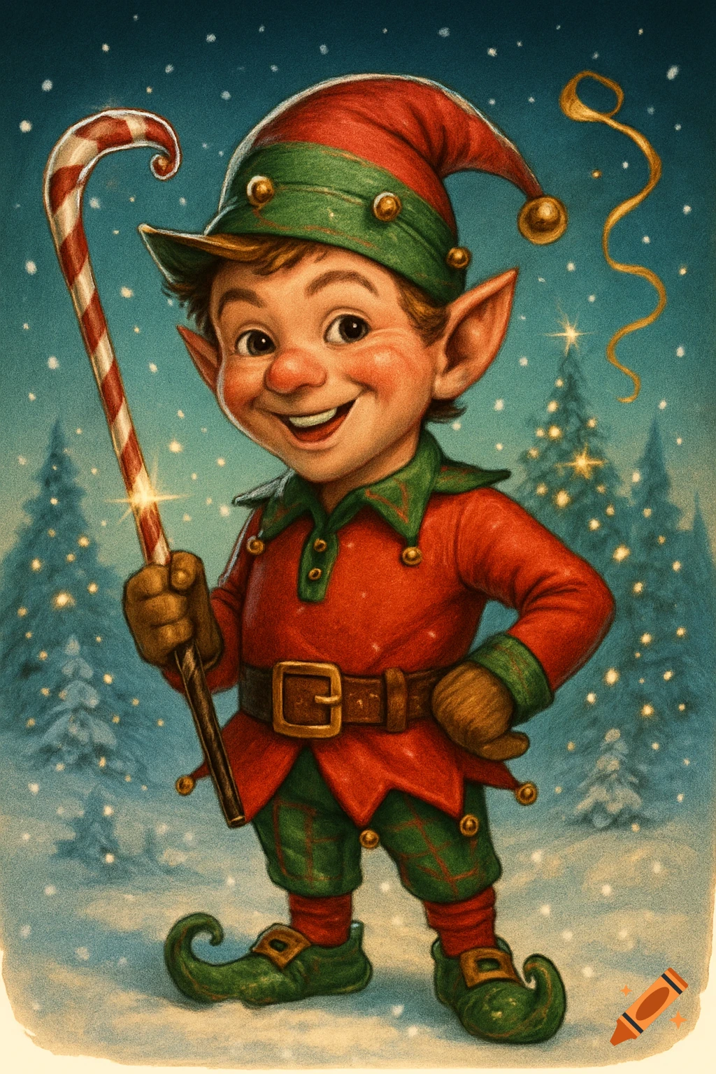 A cheerful Christmas elf in a red and green outfit stands in a snowy ...