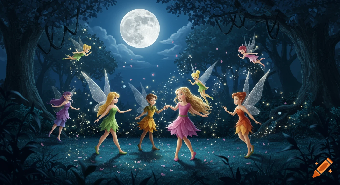 Seven diverse, colorful anime-style fairies pose in an enchanted forest ...